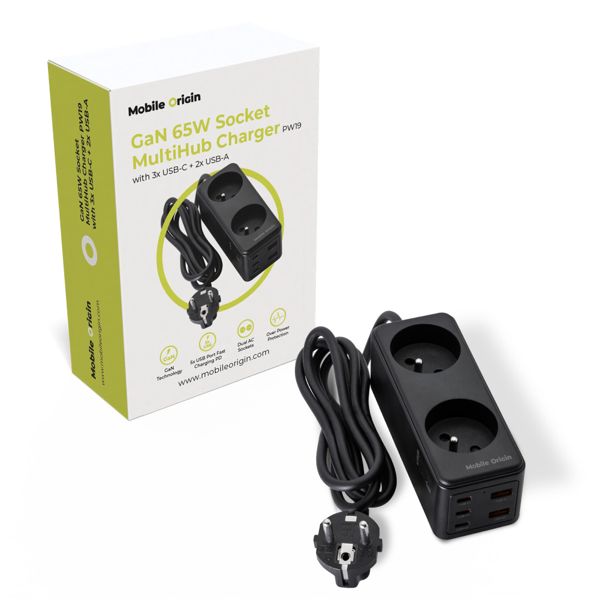 GaN 65W Socket MultiHub Charger PW19 with 3x USB-C + 2x USB-A | Mobile ...